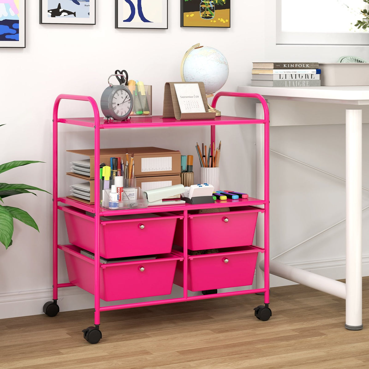 4 Drawers Shelves Rolling Storage Cart Rack-Hot Pink – Level Up Desks