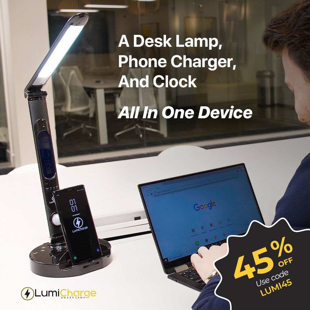 LumiCharge II - 6-in-1 Premium Desk Lamp with Wireless & Universal Pho – Level Up Desks