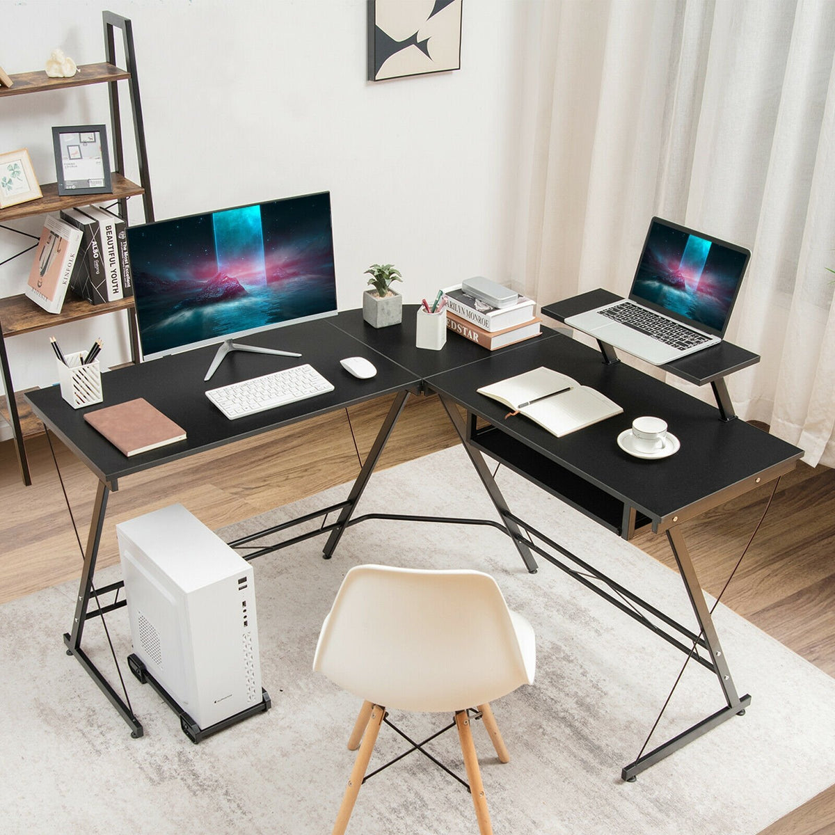 L Shaped Computer Desk Home Office Workstation with Movable Monitor St ...