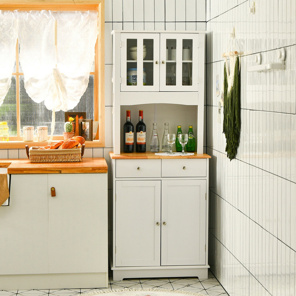 Kitchen Pantry Cabinet with Wood Top and Hutch-White – Level Up Desks