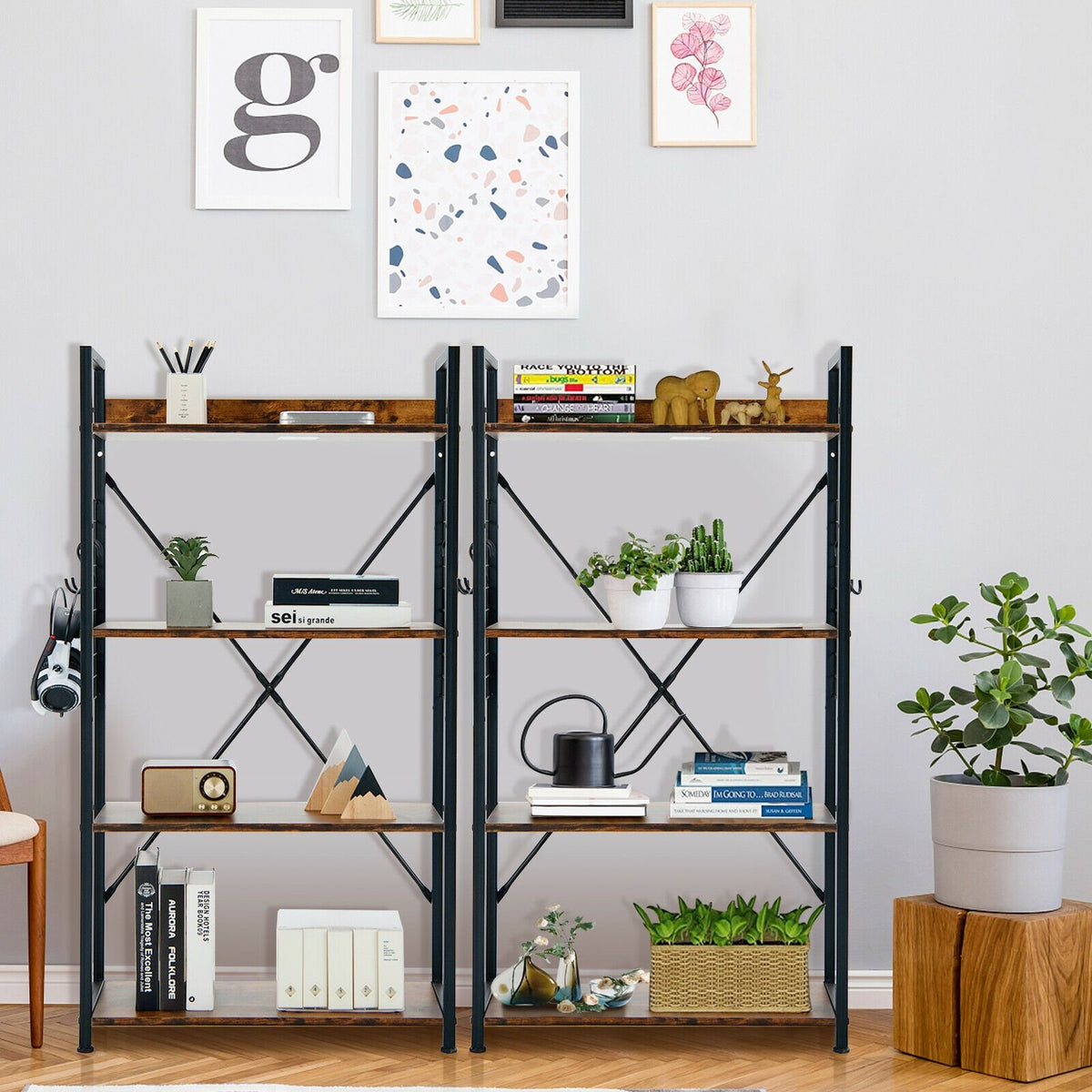 4 -Tier Industrial Open Storage Bookshelf-Rustic Brown – Level Up Desks