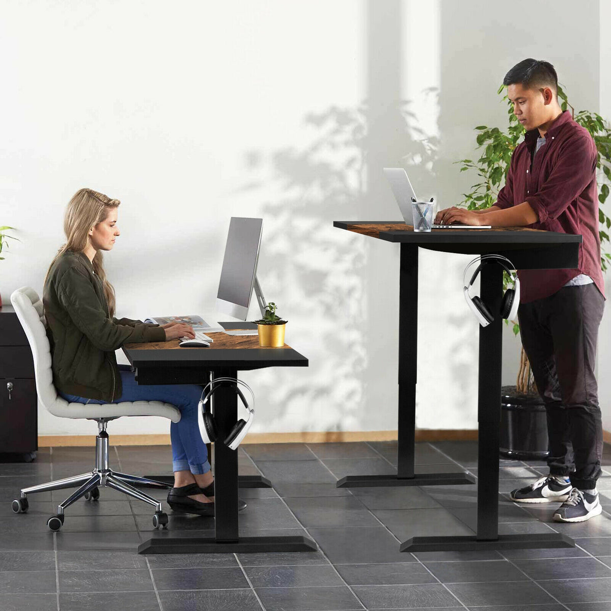 48 Inch Electric Sit to Stand Desk with Keyboard Tray-Rustic Brown ...