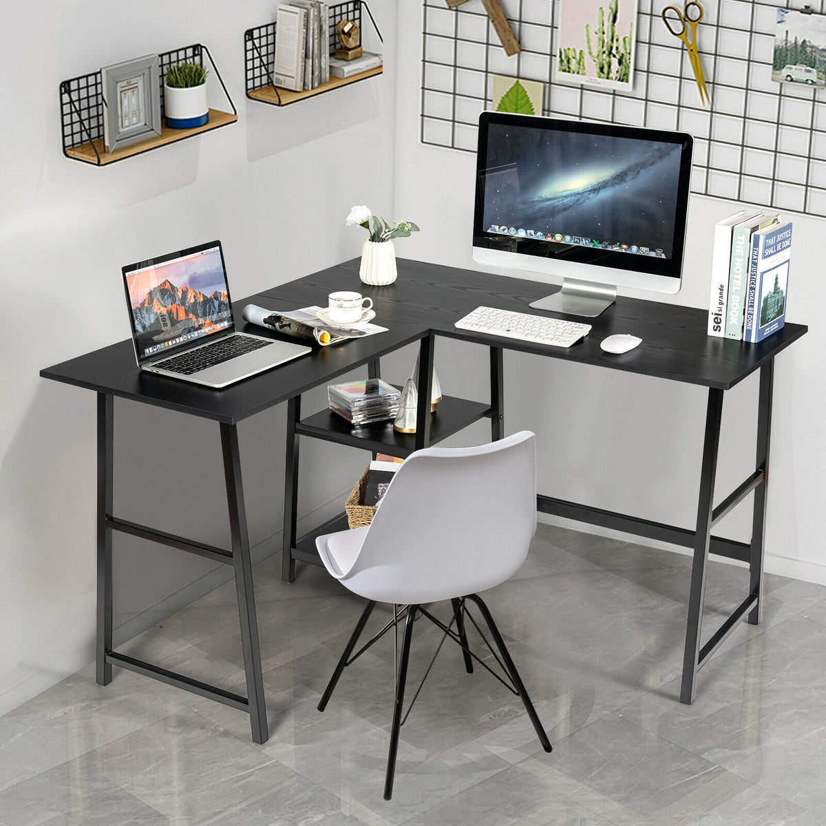 L Shaped Corner Computer Desk with Storage Shelves-Black – Level Up Desks
