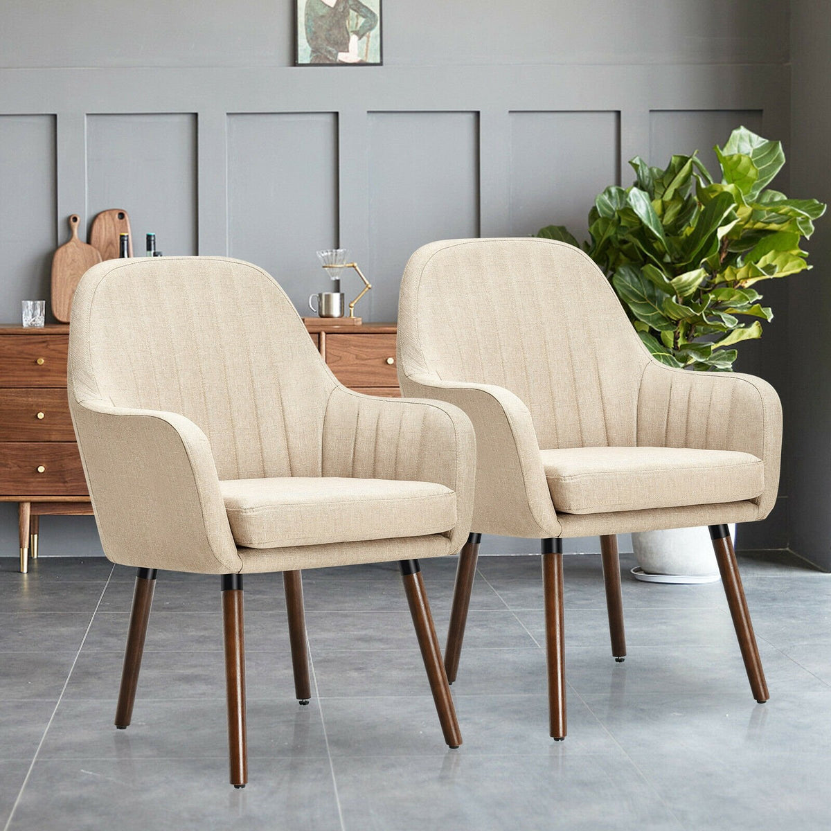 Set of 2 Fabric Upholstered Accent Chairs with Wooden Legs-Beige ...