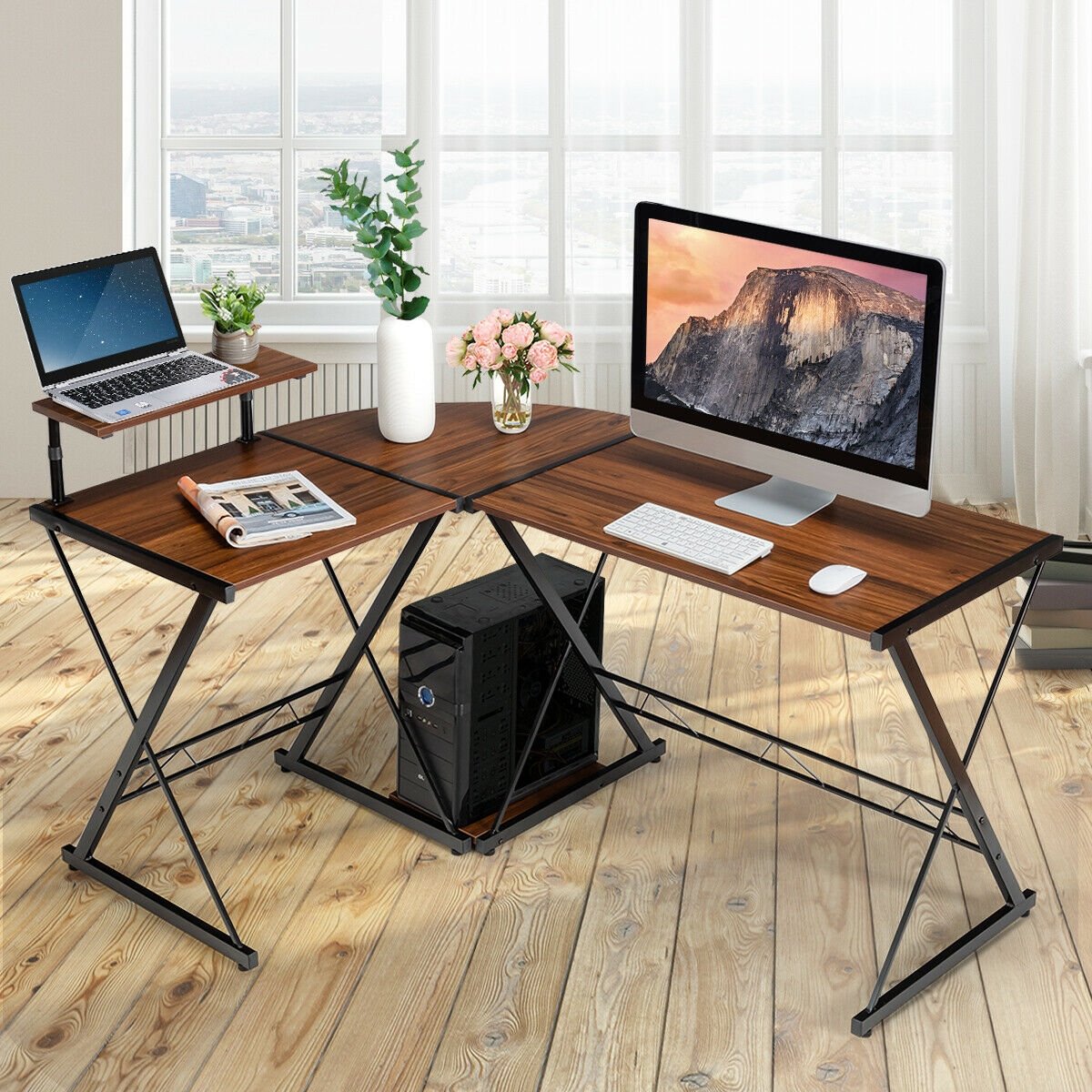 L-Shaped Computer Gaming Desk with Monitor Stand and Host Tray-Walnut ...