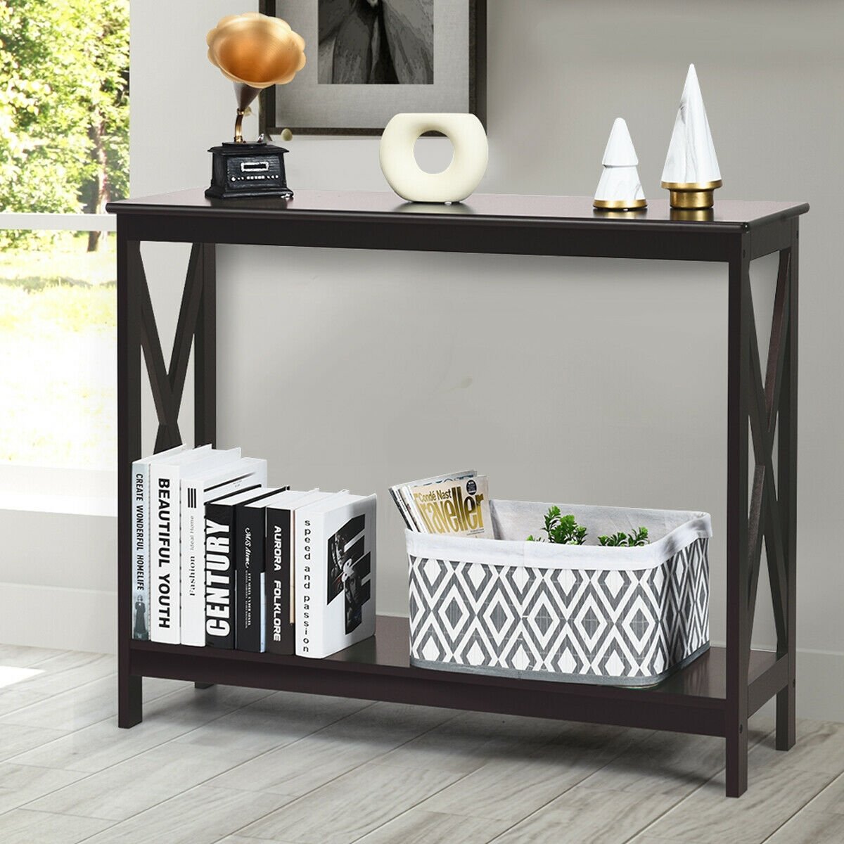 2-Tier Console X-Design Sofa Side Accent Table-Dark Brown – Level Up Desks