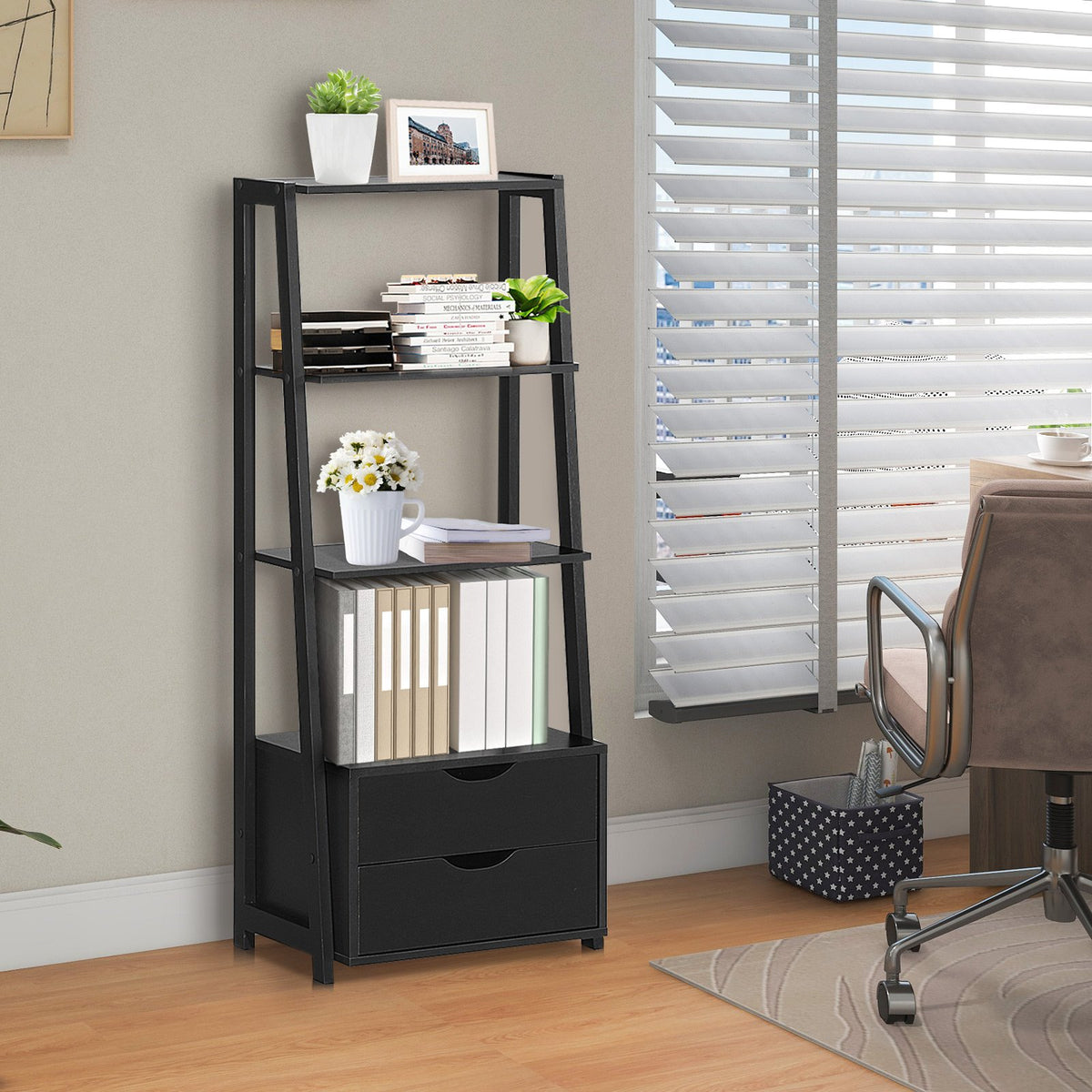 4-Tier Ladder Bookshelf Storage Display with 2 Drawers – Level Up Desks