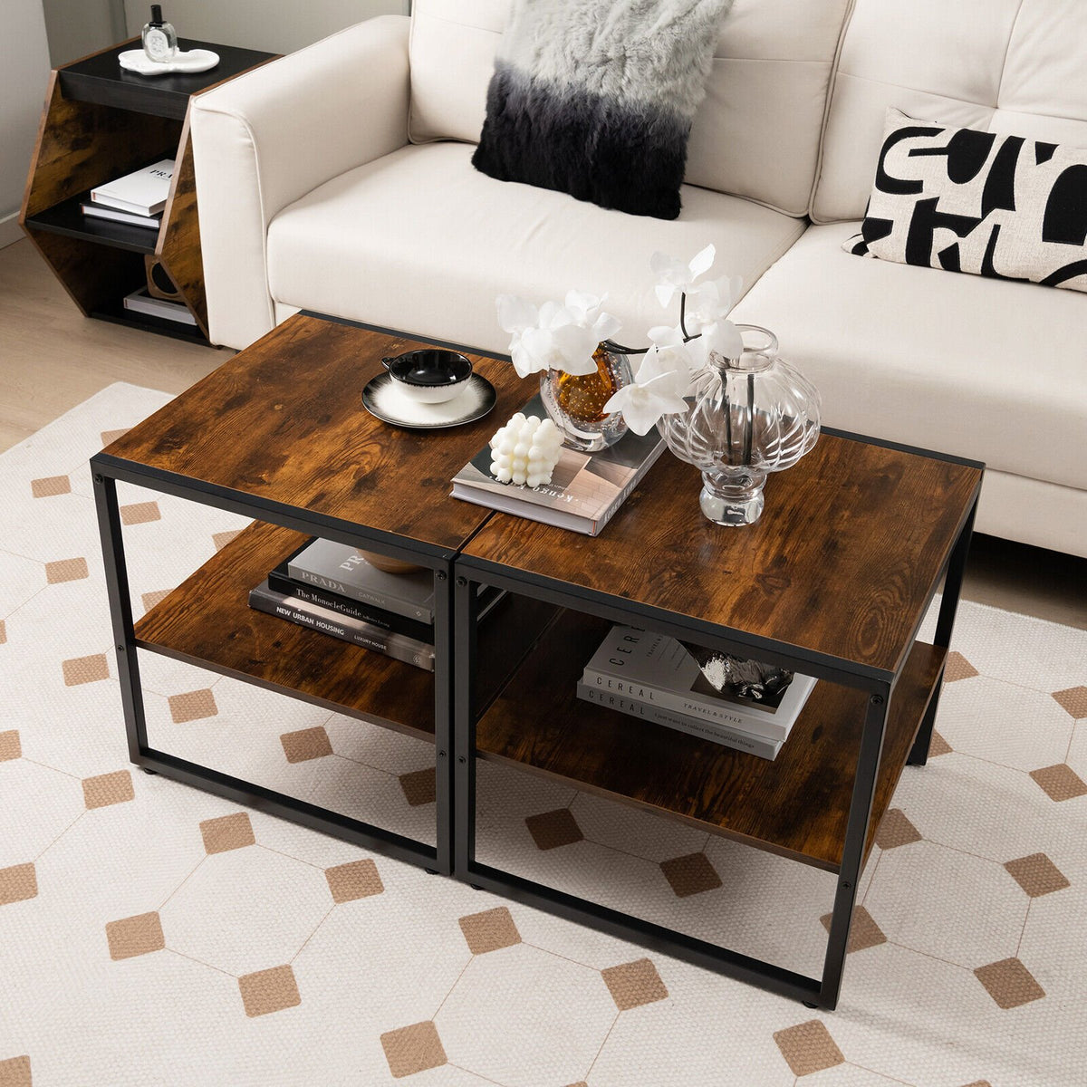 2 Pieces 2-Tier 20 Inch Square End Side Table for Living Room Bedroom ...