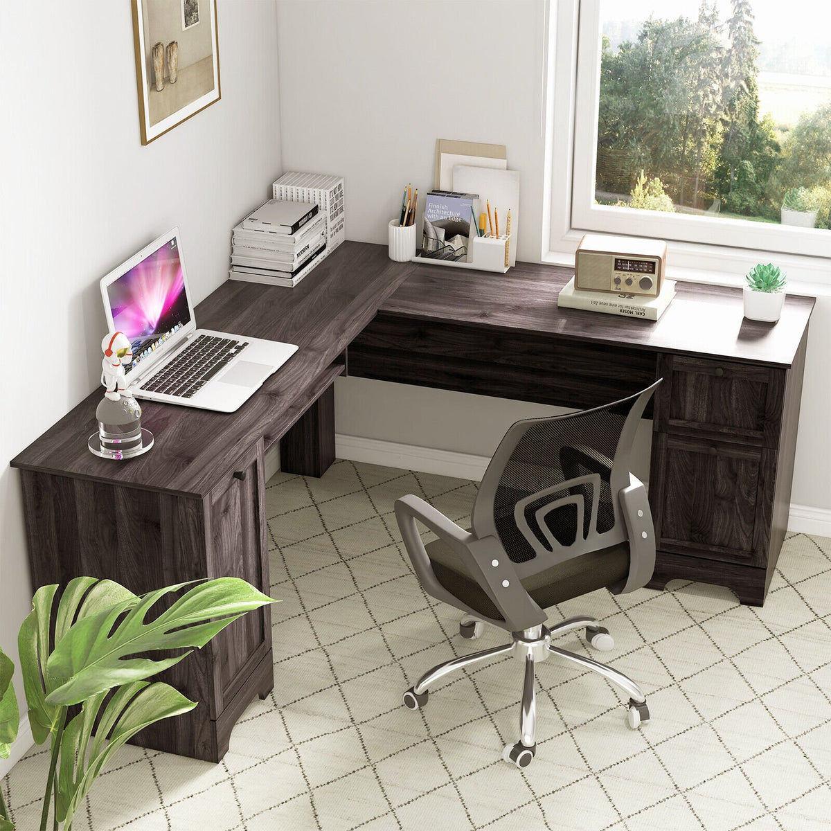 L-Shaped Office Desk with Storage Drawers and Keyboard Tray-Dark Brown ...