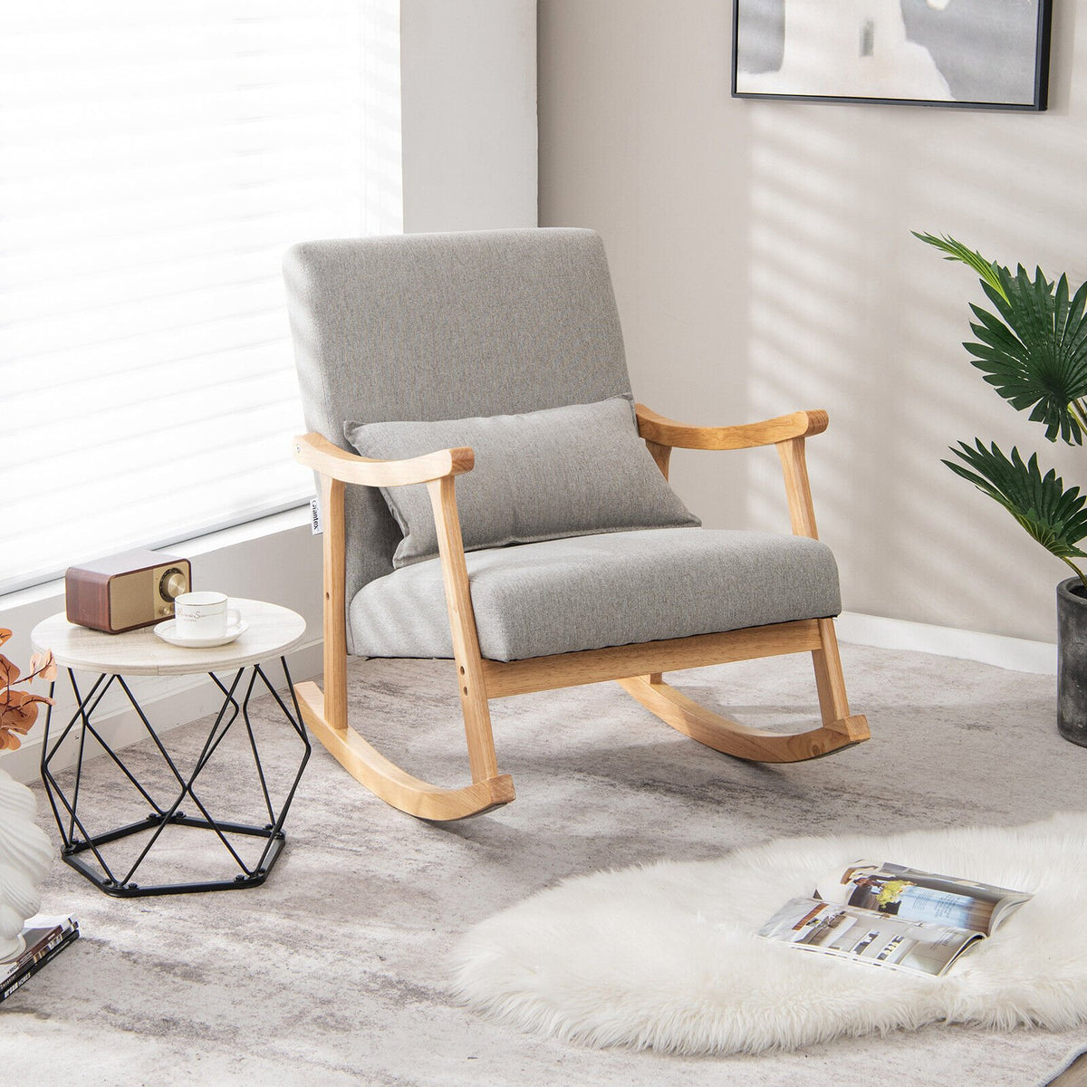 Upholstered Rocking Chair with Pillow and Rubber Wood Frame-Gray ...