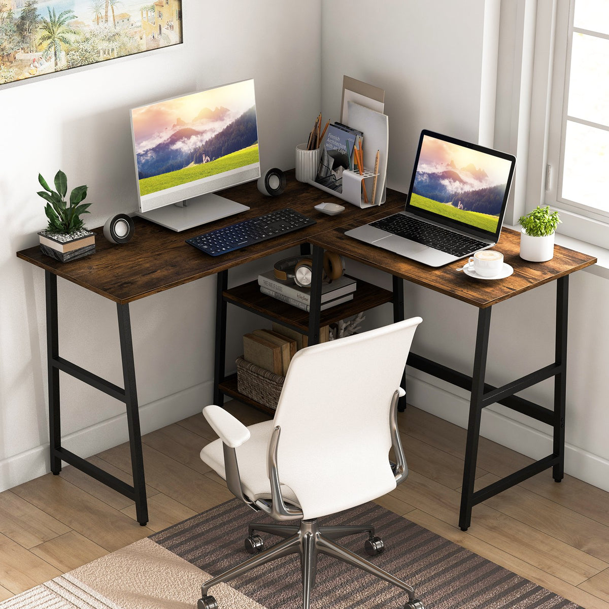L Shaped Corner Computer Desk with Storage Shelves-Brown – Level Up Desks