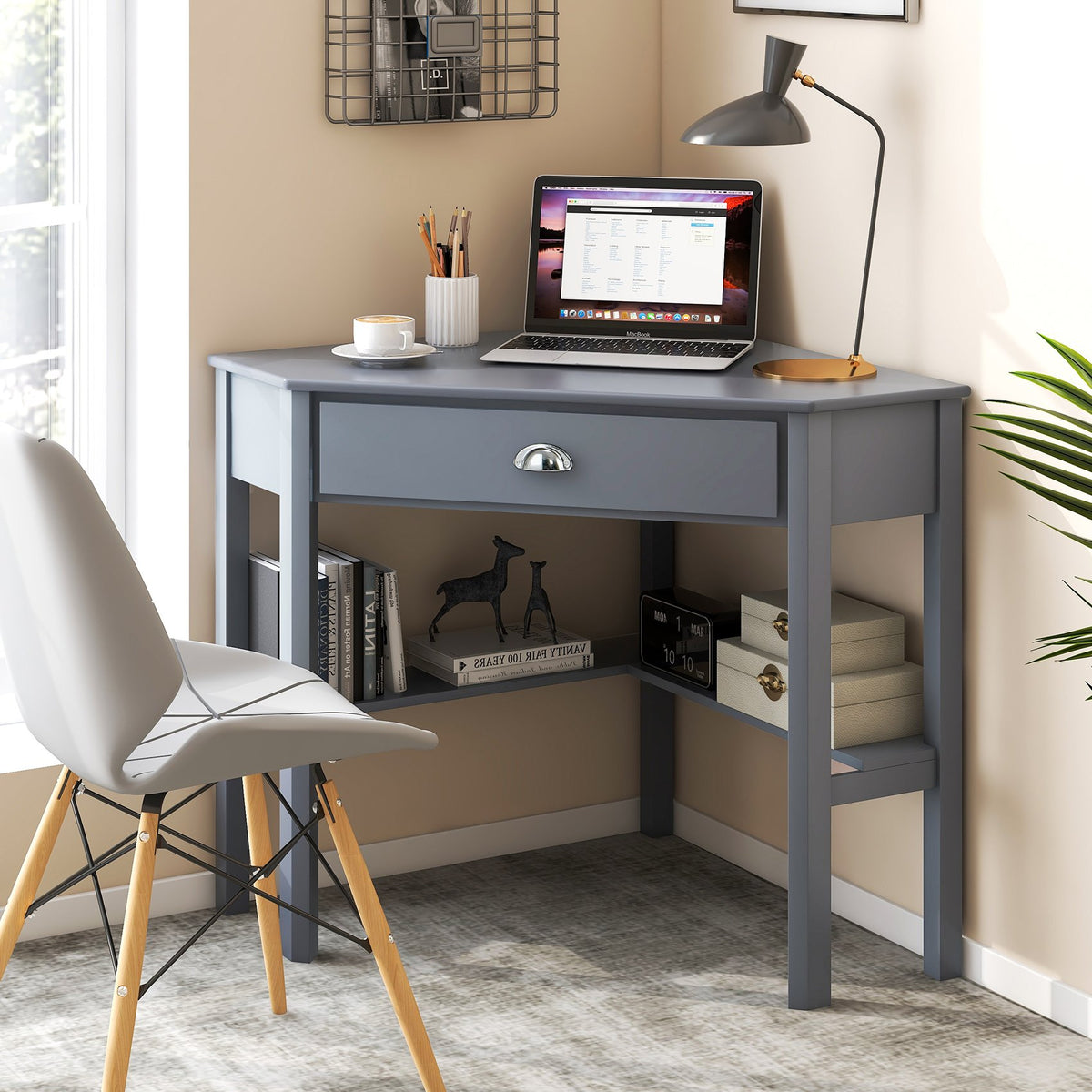 Corner Wooden Piece Laptop Computer Desk-Gray – Level Up Desks