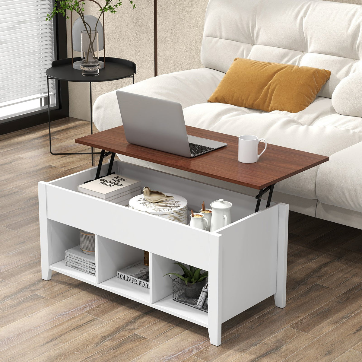 Lift Top Coffee Table w/ Hidden Compartment and Storage Shelves-White ...