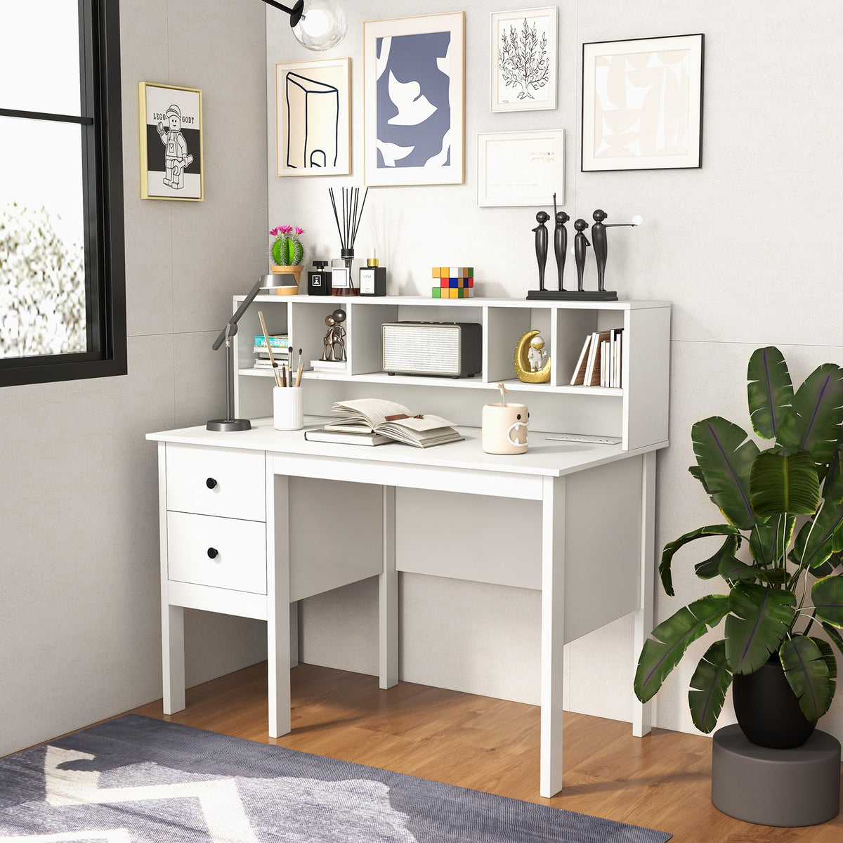 48 Inch Computer Desk with Drawers Power Outlets and 5-Cubby Hutch-Whi ...