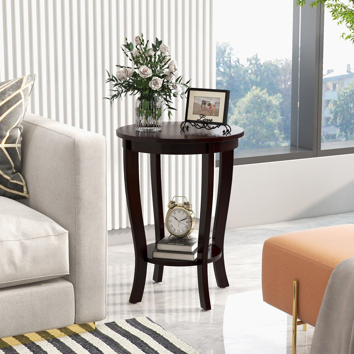 2-tier Round End Table with Solid Wood Legs-Espresso – Level Up Desks