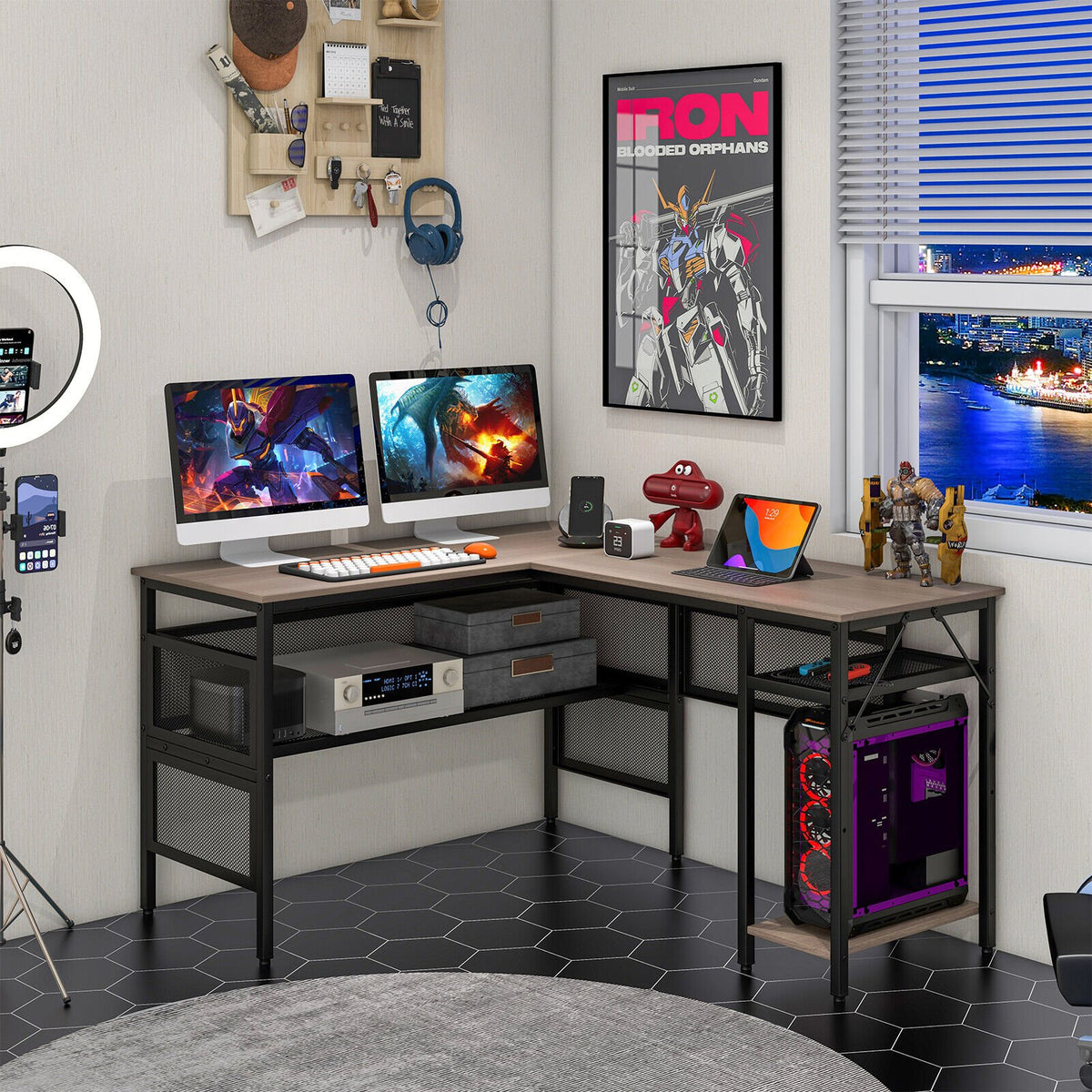 L-Shaped Computer Desk with Charging Station and Adjustable Shelf-Gray ...