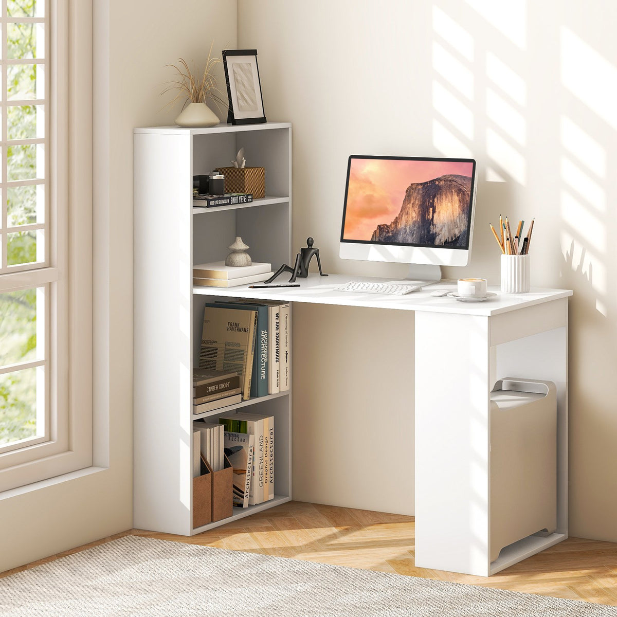 Computer Desk Writing Workstation Office with 6-Tier Storage Shelves-W ...