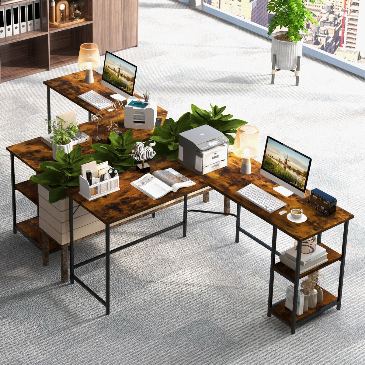 L Shaped Computer Desk with 2 Outlets and 2 USB Ports-Brown – Level Up ...