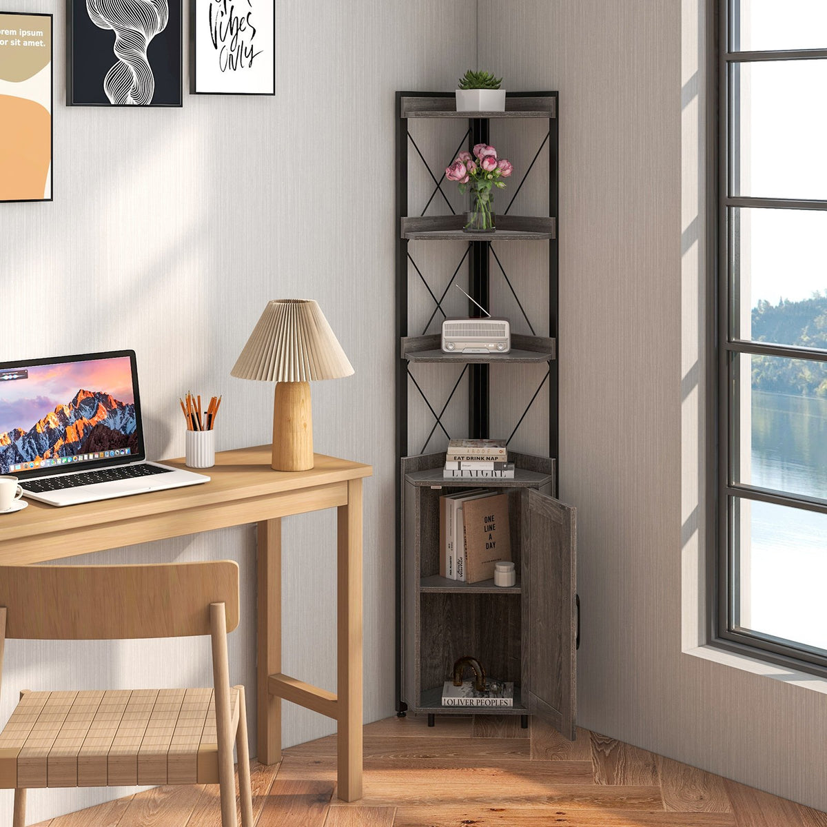 Tall Corner Storage Cabinet with 3-Tier Shelf and Enclosed Cabinet-Gra ...