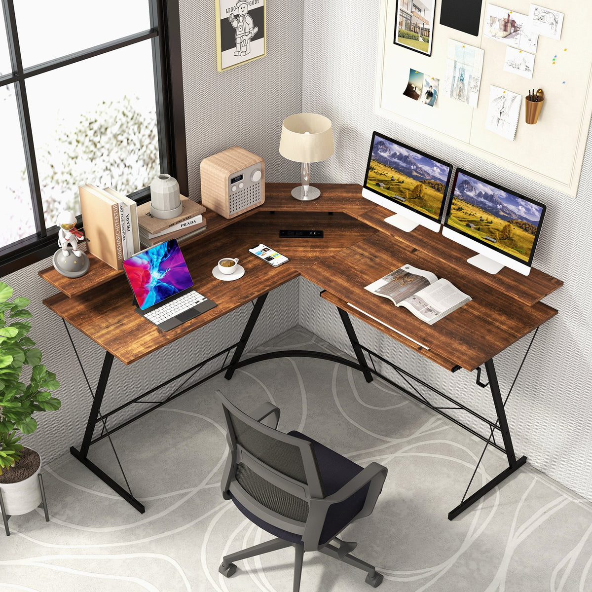 L-shaped Computer Desk with Power Outlet and Monitor Stand-Rustic Brow ...
