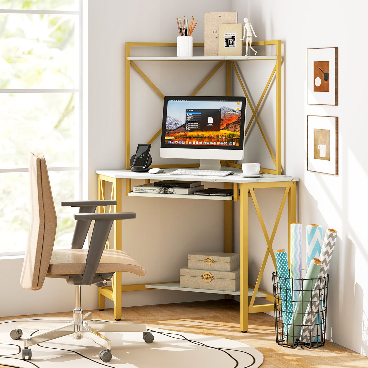 Space-Saving Corner Computer Desk with with Hutch and Keyboard Tray-Wh ...