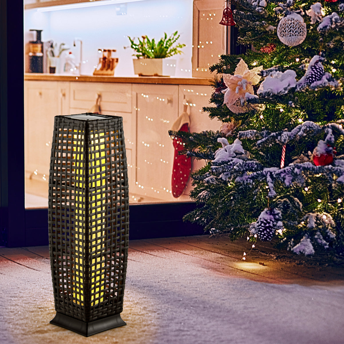 2 Pieces Solar-Powered Square Wicker Floor Lamps with Auto LED Light-B ...