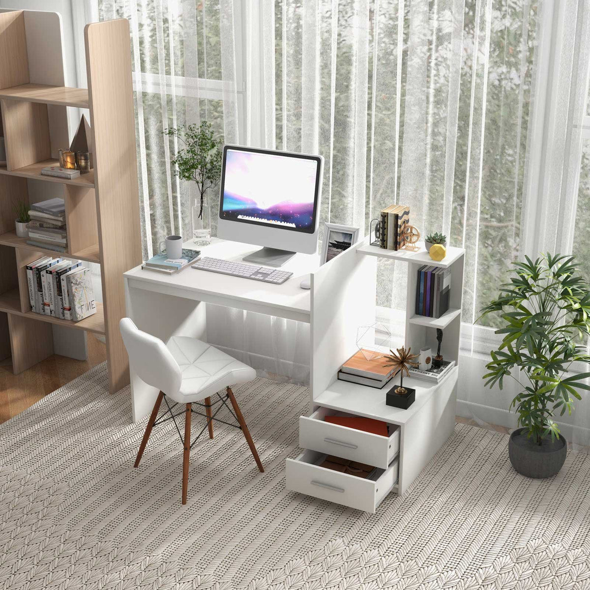 Computer Desk Home Office with Bookshelf and Drawers-White – Level Up Desks