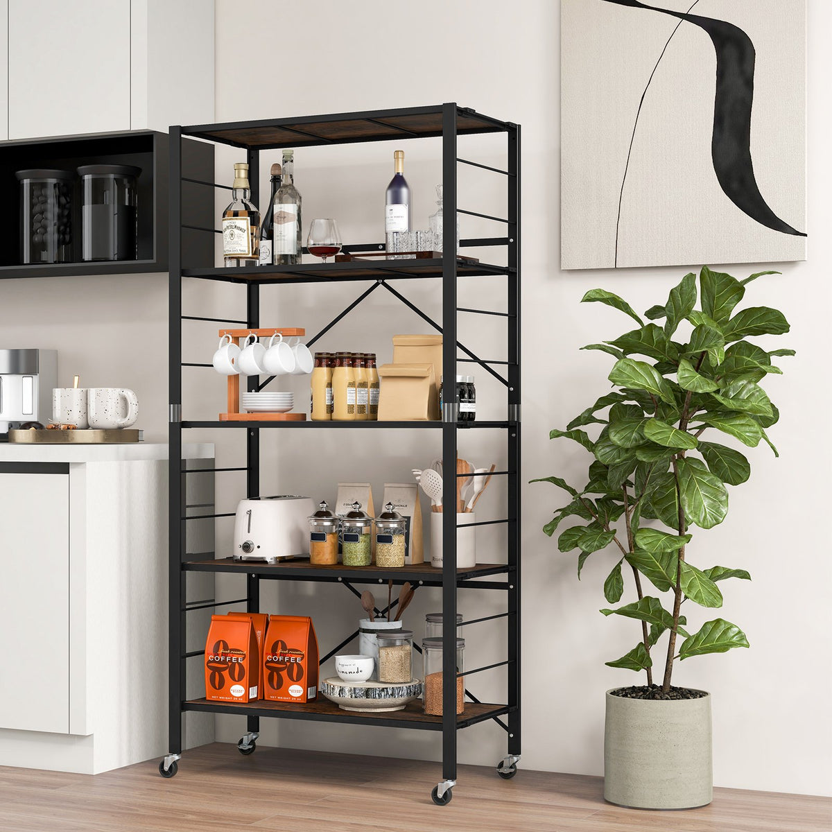 5-Tier Foldable Shelving Unit with Detachable Wheels and Anti-Toppling ...