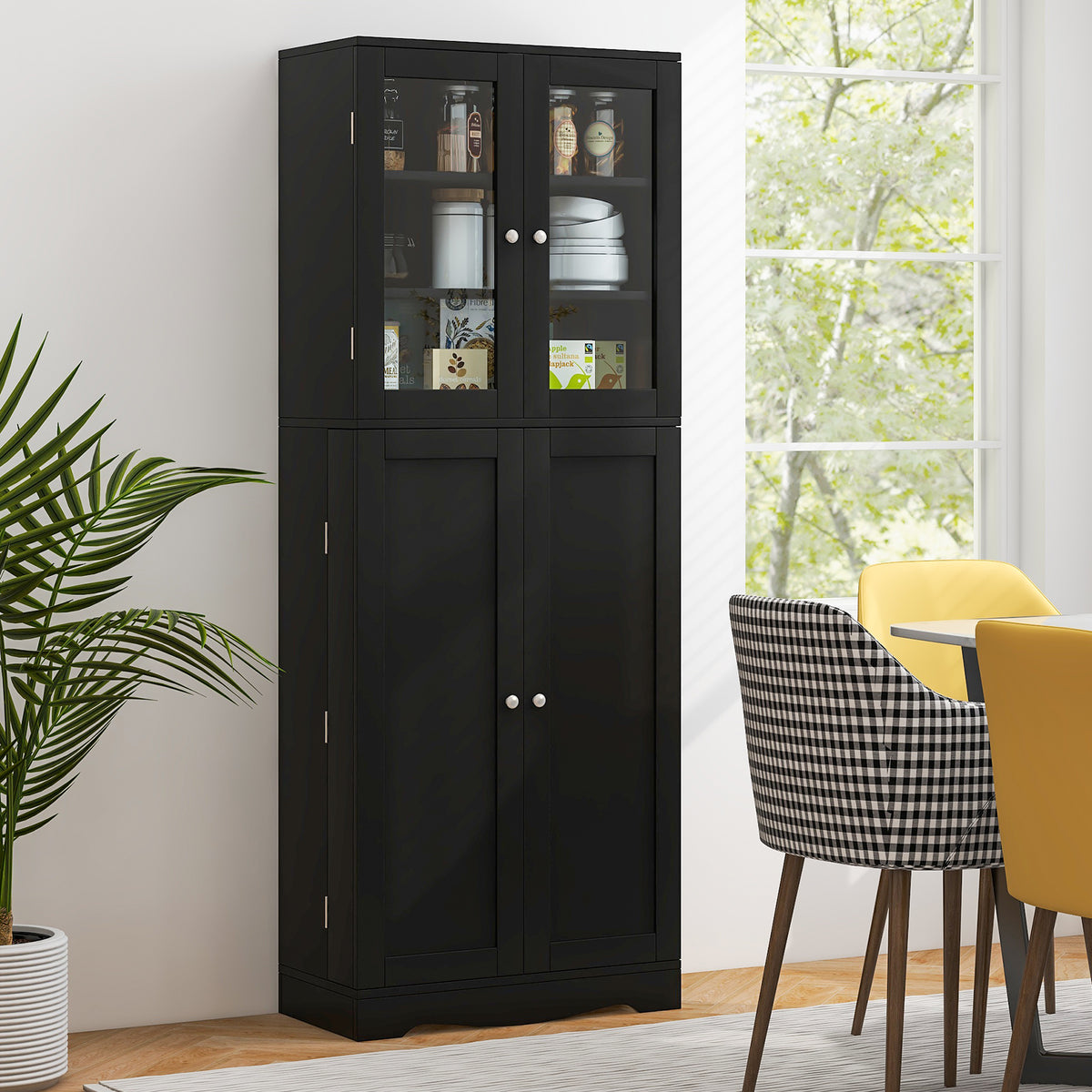 Tall Kitchen Pantry Cabinet with Dual Tempered Glass Doors and Shelves ...