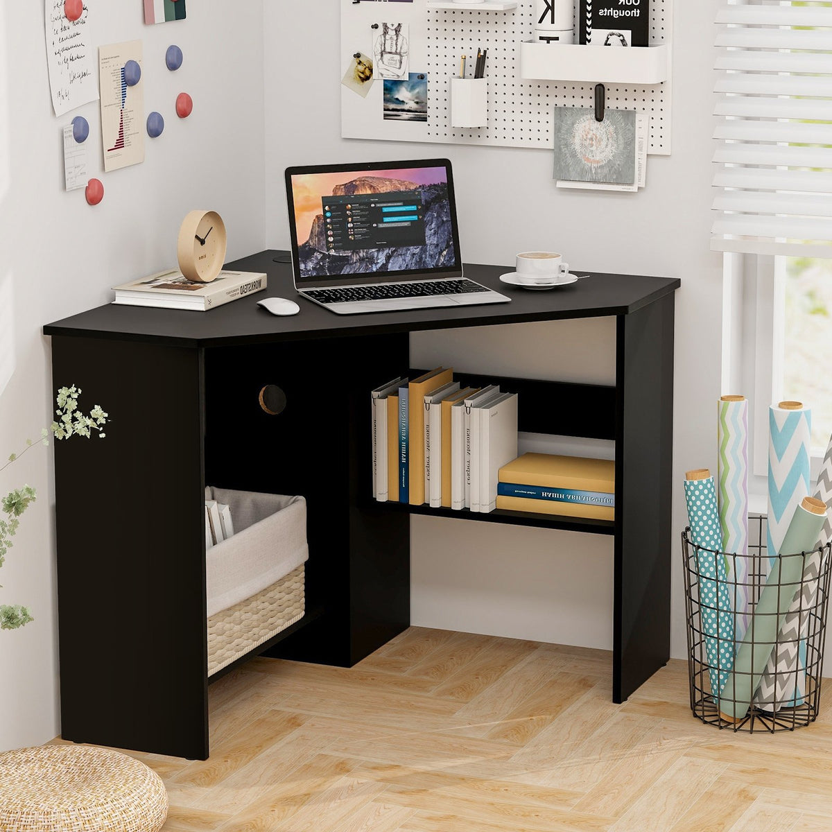 Corner Computer Desk Triangle Writing Workstation with Storage Shelf-B ...