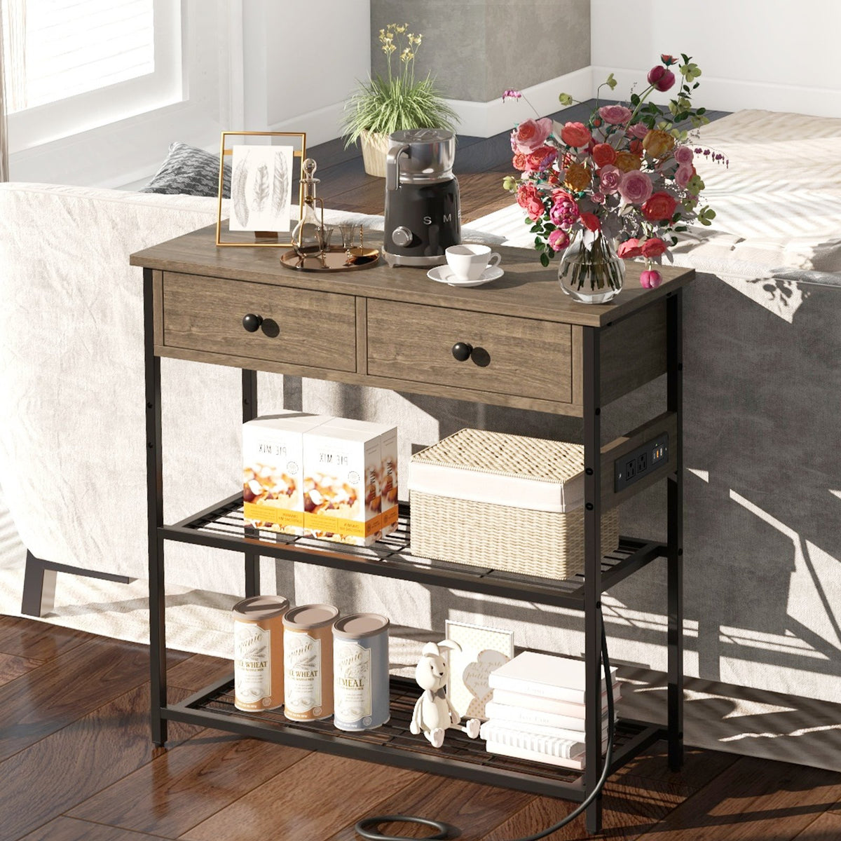 Narrow Console Table with 2 Drawers and 2 Metal Mesh Shelves-Gray ...