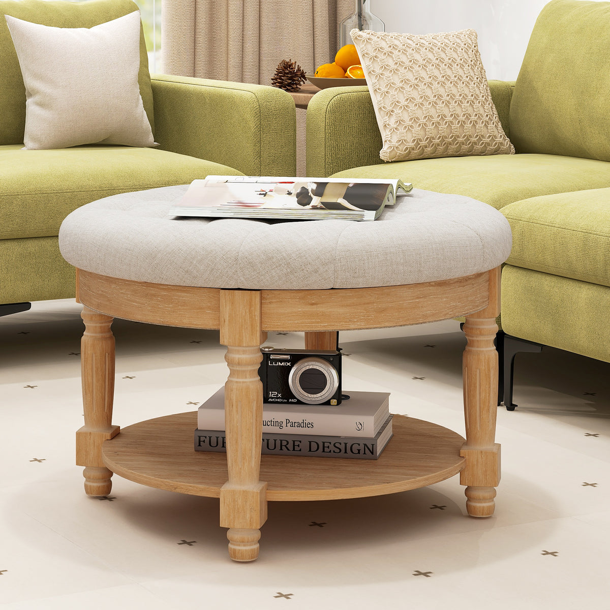 29 Inch Large Round Ottoman Coffee Table 2-Tier Upholstered Tufted Foo ...