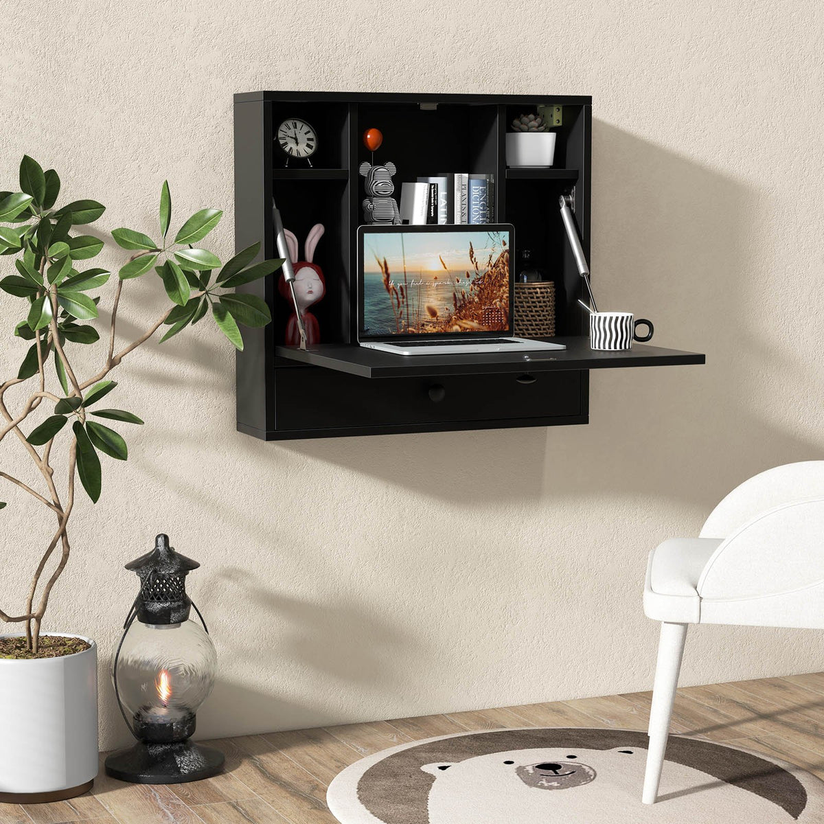 Wall-Mount Floating Desk Foldable Space Saving Laptop Workstation-Blac ...