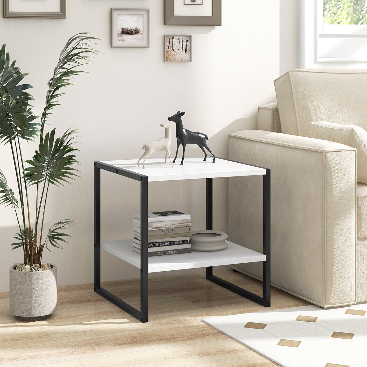 2-Tier Square End Table with Storage Shelf Reversible Design-White ...