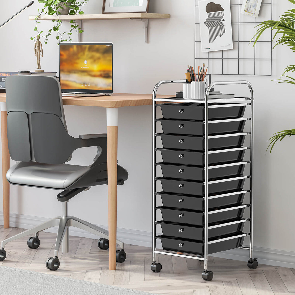 10 Drawer Rolling Storage Cart Organizer with 4 Universal Casters-Blac ...