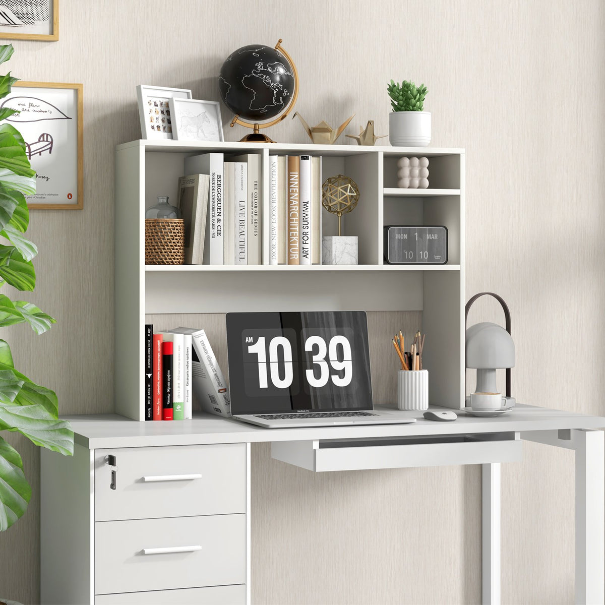 Computer Desktop Bookcase with 4 Cubbies and Open Back Compartment-Whi ...