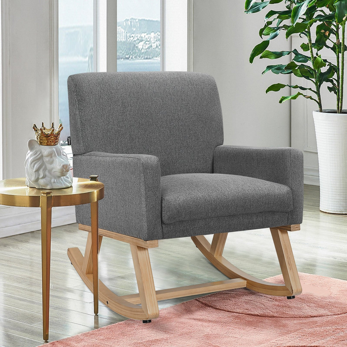 Upholstered Rocking Chair with and Solid Wood Base-Gray – Level Up Desks