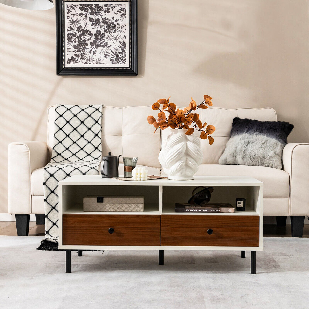 2 Tier 40 Inch Length Modern Rectangle Coffee Table with Storage Shelf ...