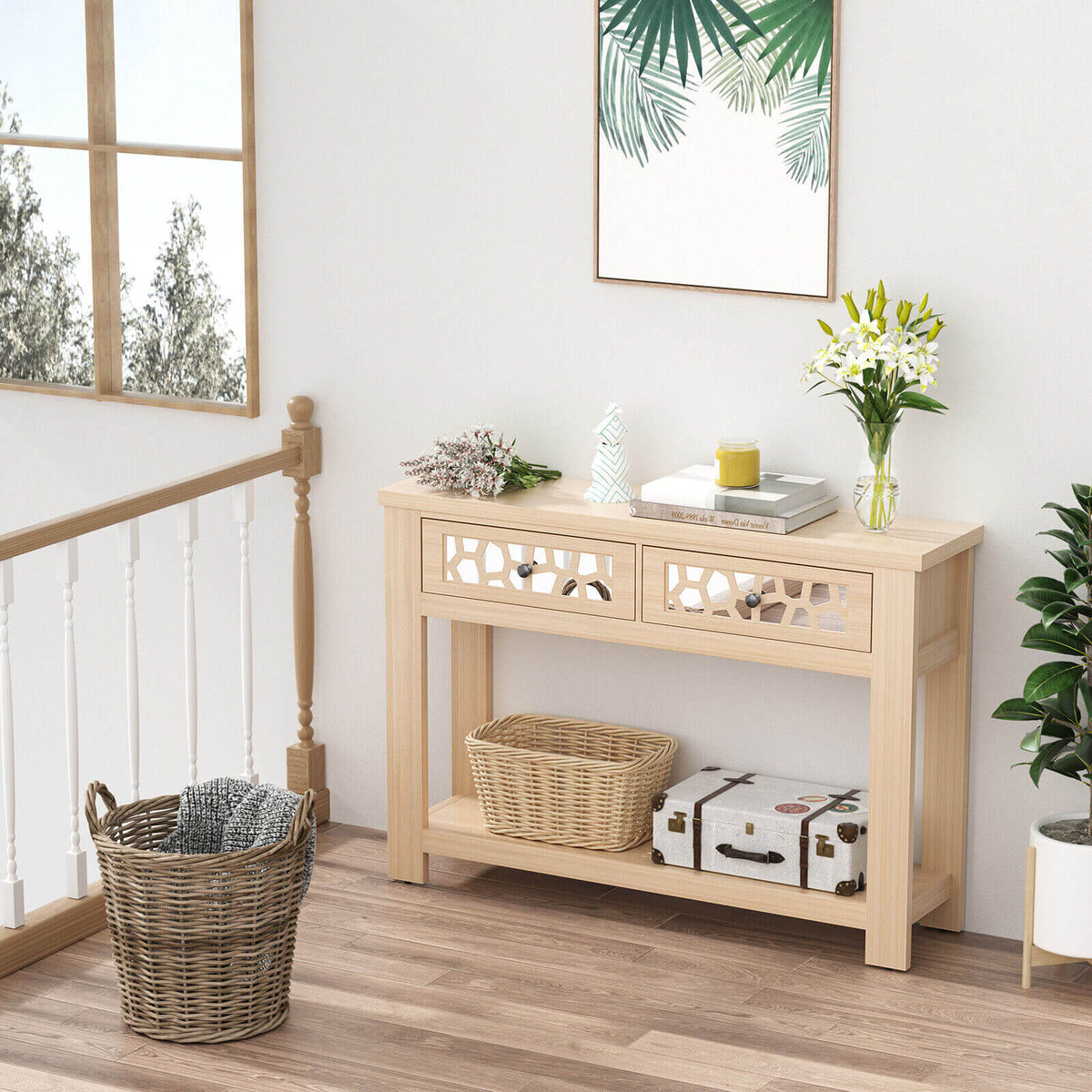 2-Tier Console Table with Drawers and Open Storage Shelf-Natural ...