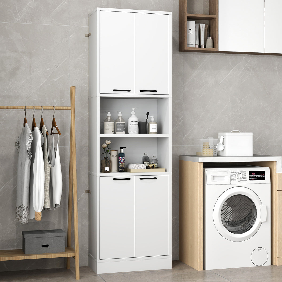 75 Inch Kitchen Pantry Cabinet Tall Cupboard with Doors and Shelves-Wh ...