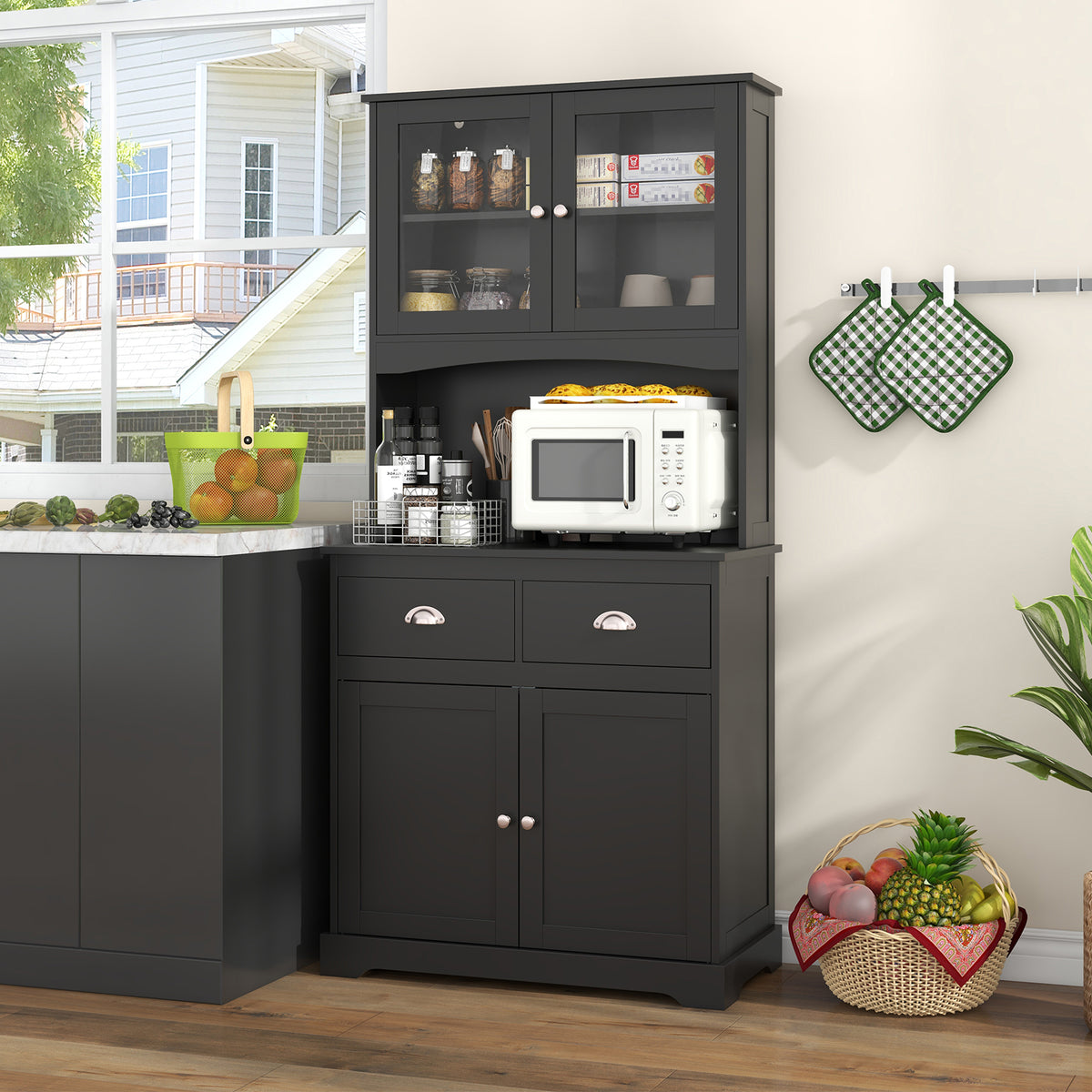 Tall Sideboard with 2 Drawers and Adjustable Shelves-Black – Level Up Desks
