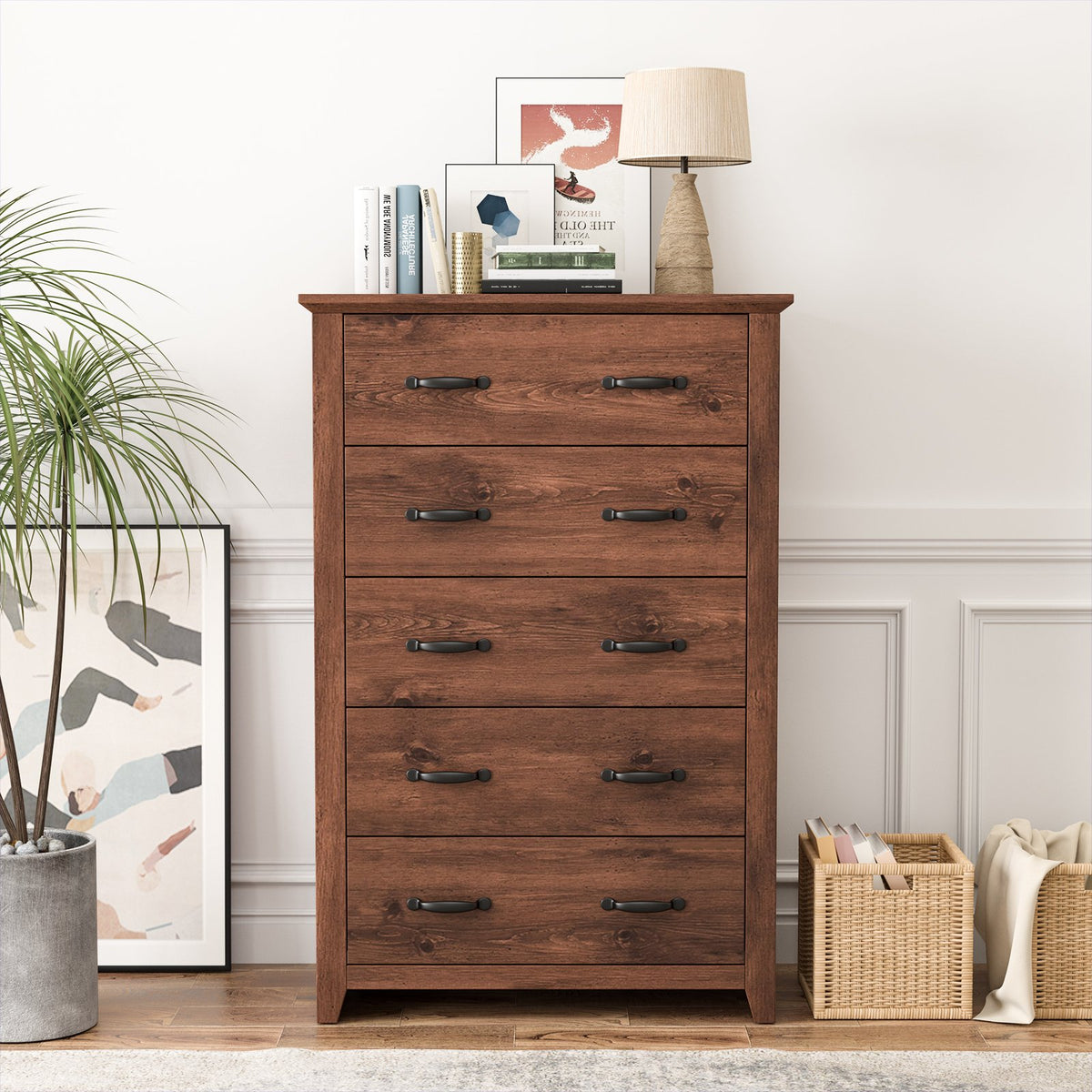Tall Storage Dresser with 5 Pull-out Drawers for Bedroom Living Room-W ...