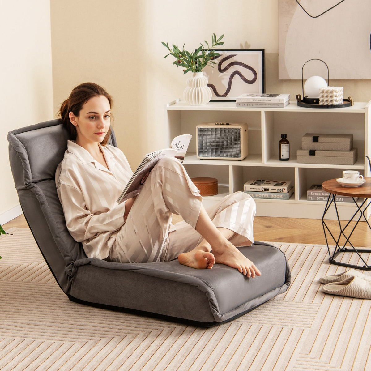 Folding Floor Chair Convertible Lazy Chair with 14-Poistion Adjustable ...