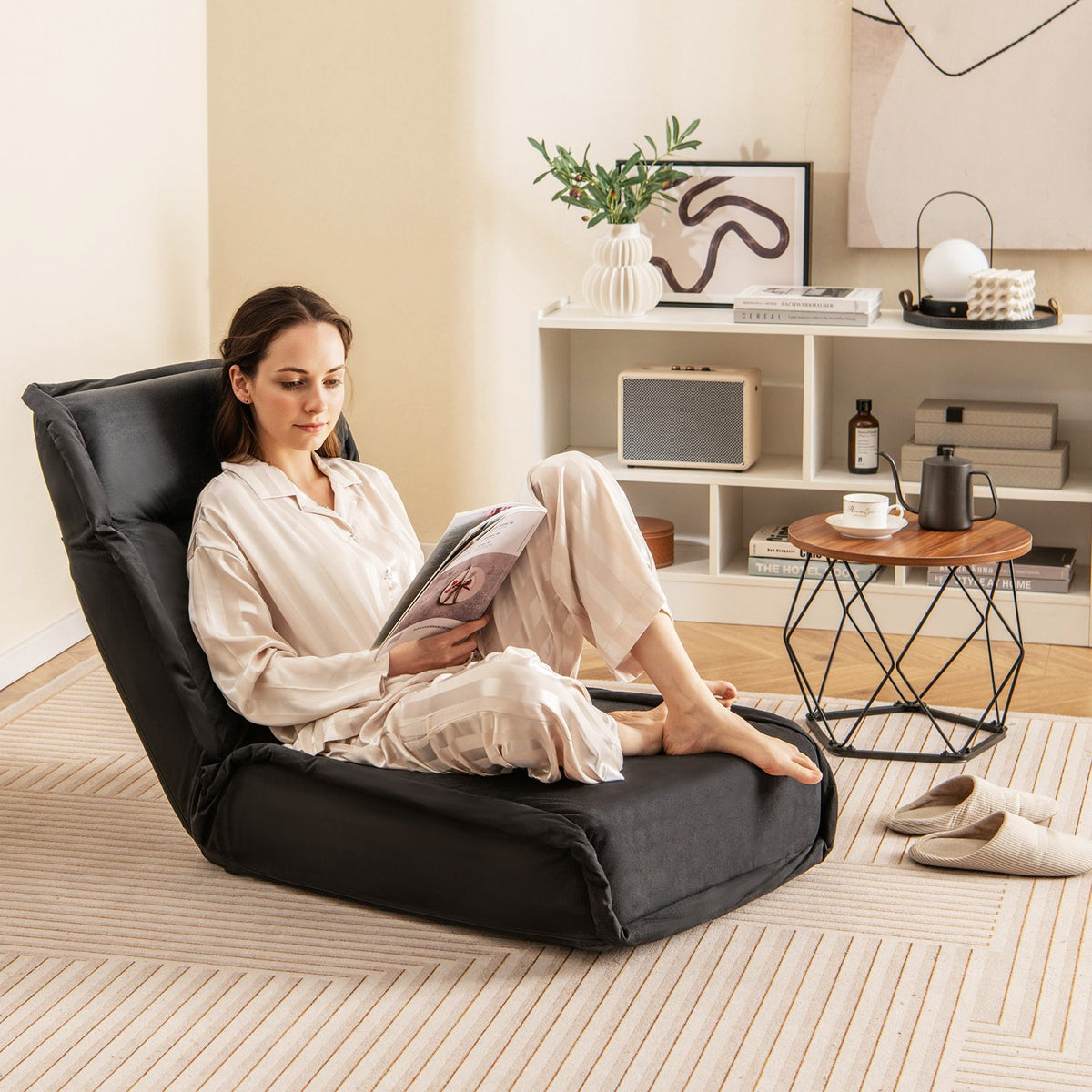 Folding Floor Chair Convertible Lazy Chair with 14-Poistion Adjustable ...