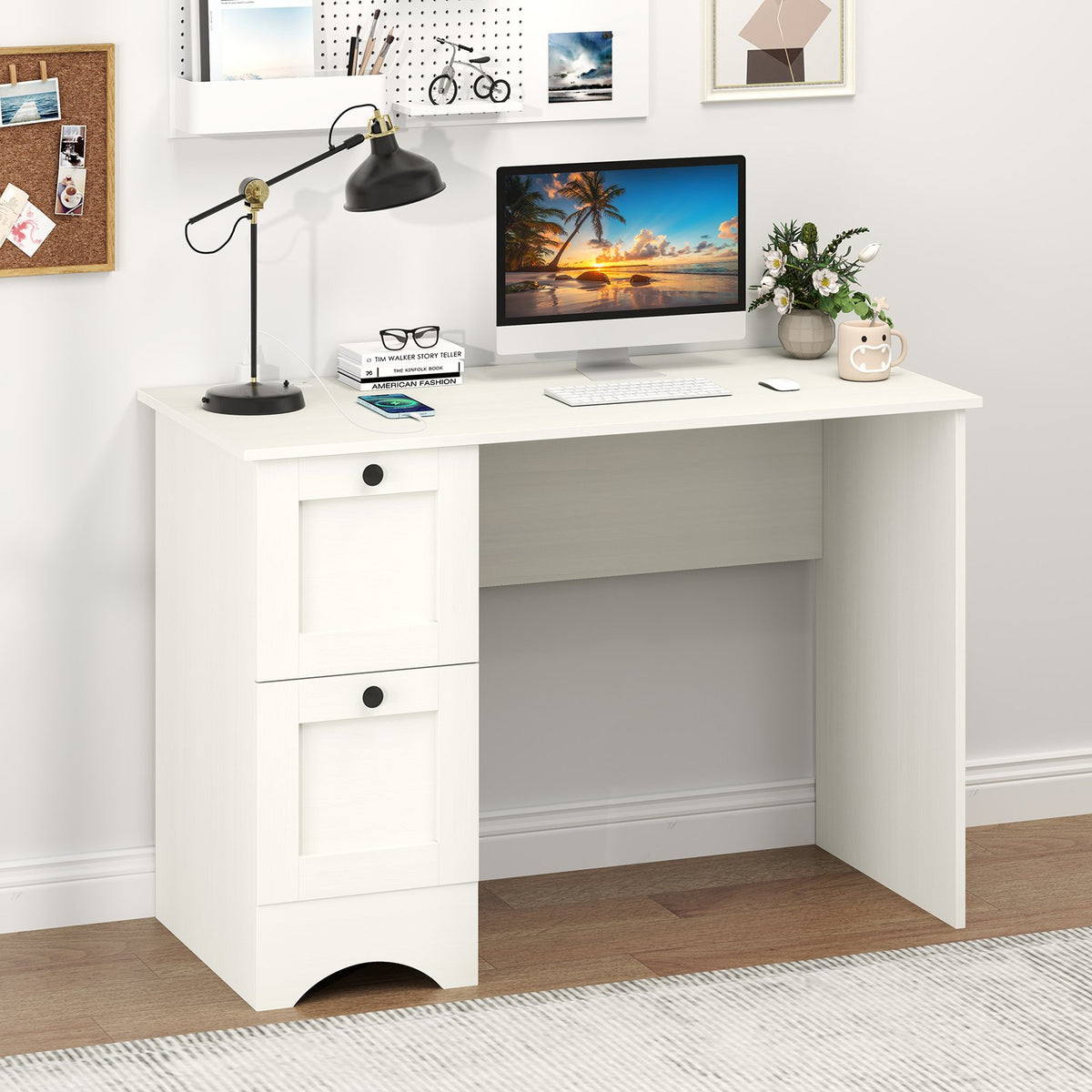 43 Inch Computer Desk with Charging Station for Living Room-White ...