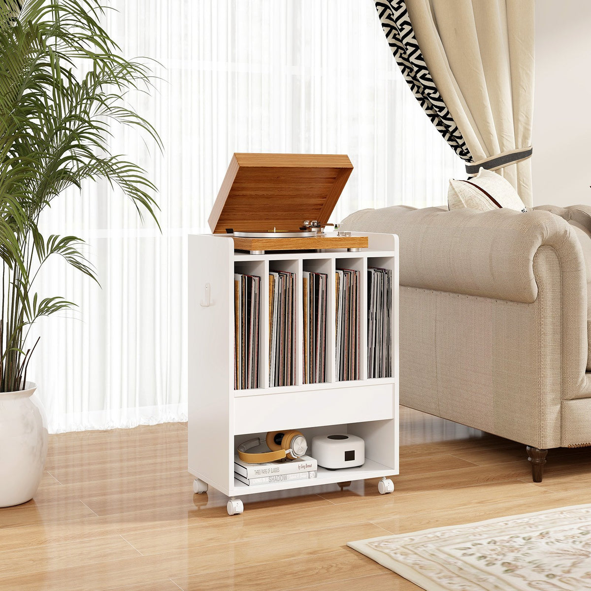 Record Rolling Turntable Player Stand with Drawer-White – Level Up Desks