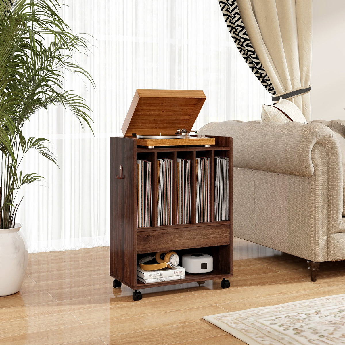 Record Rolling Turntable Player Stand with Drawer-Brown – Level Up Desks