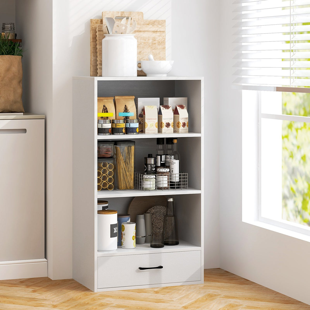 48 Inch Tall 4 Tiers Wood Bookcase with Drawer-White – Level Up Desks