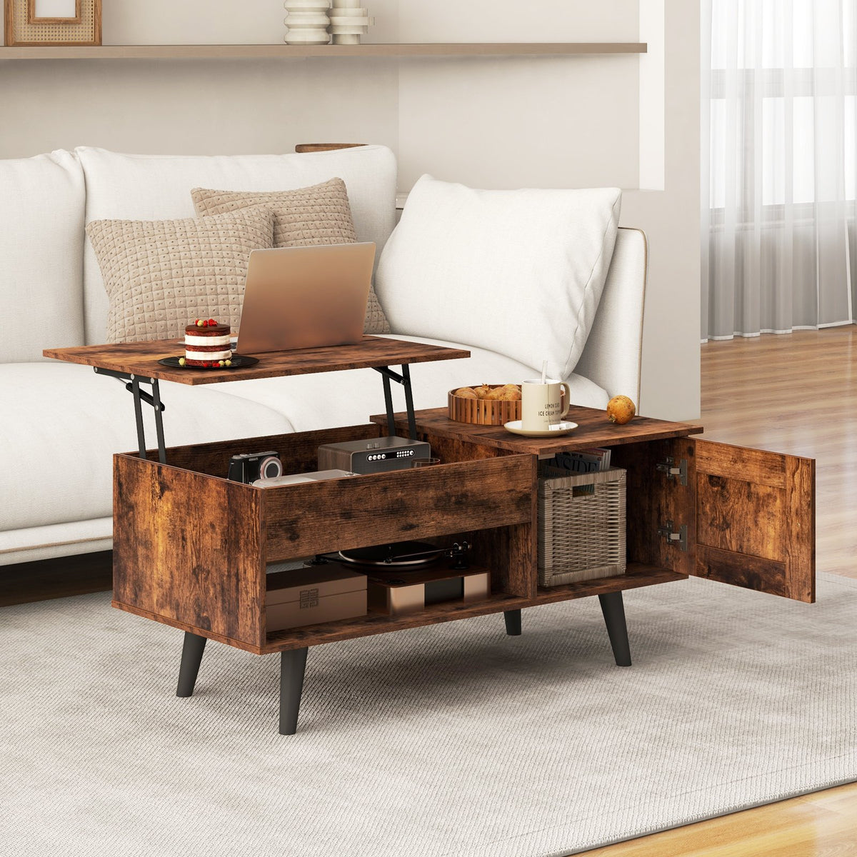 Lift Top Coffee Table with Storage and Hidden Compartment-Rustic Brown ...
