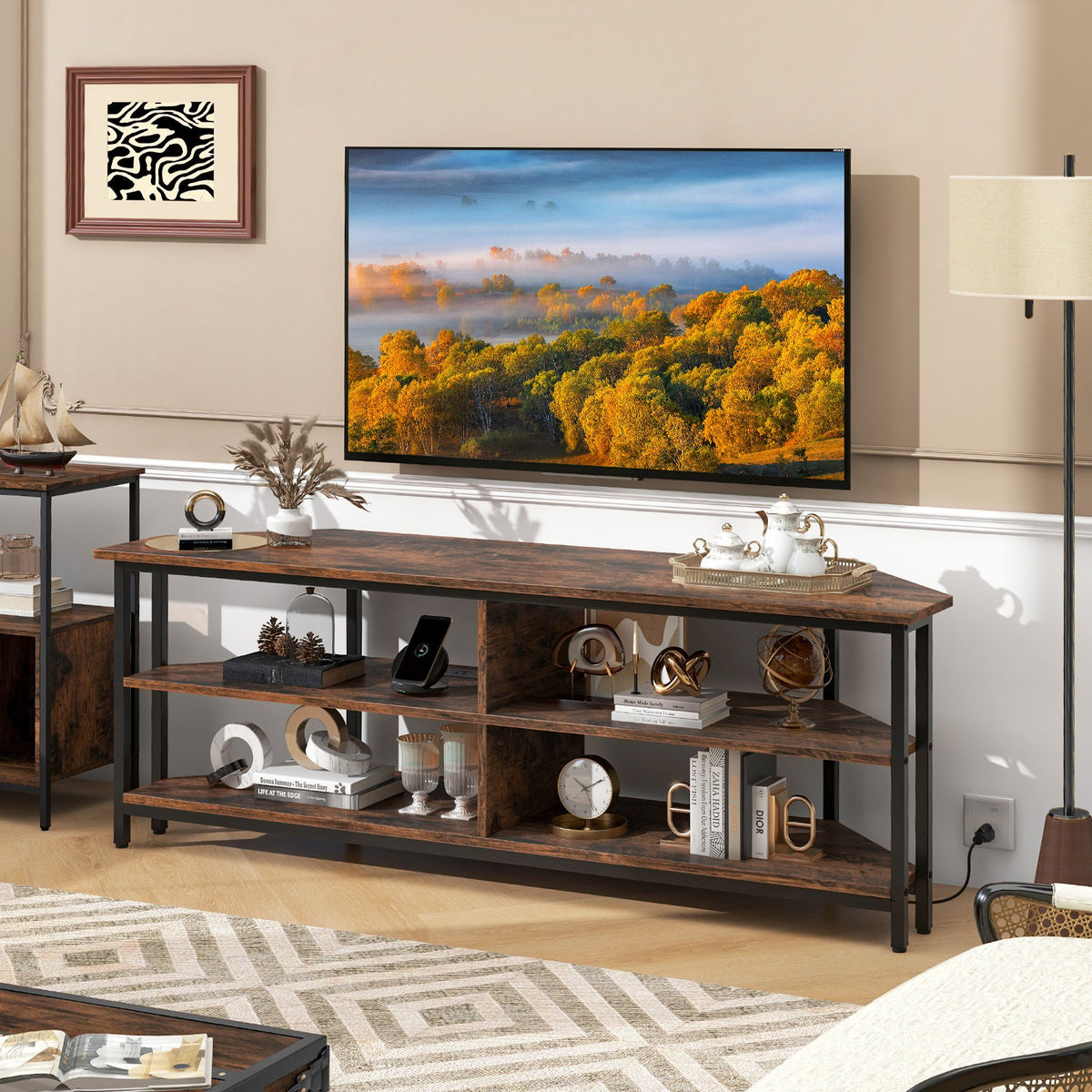 3-Tier Corner TV Stand for TVs up to 65 Inches with Charging Station ...